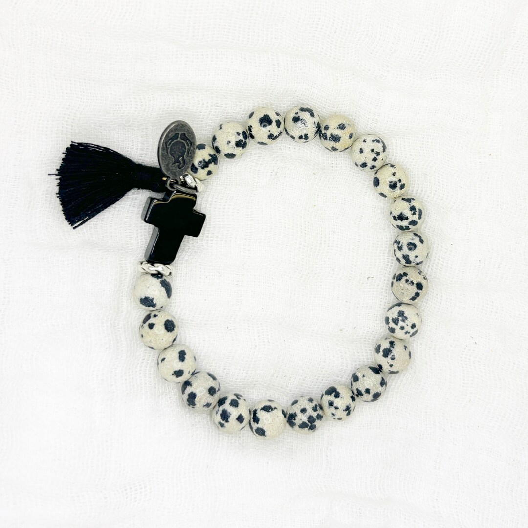 Jackie Bracelet, Speckled Dalmation Natural Stone Beads, Agate Cross ...