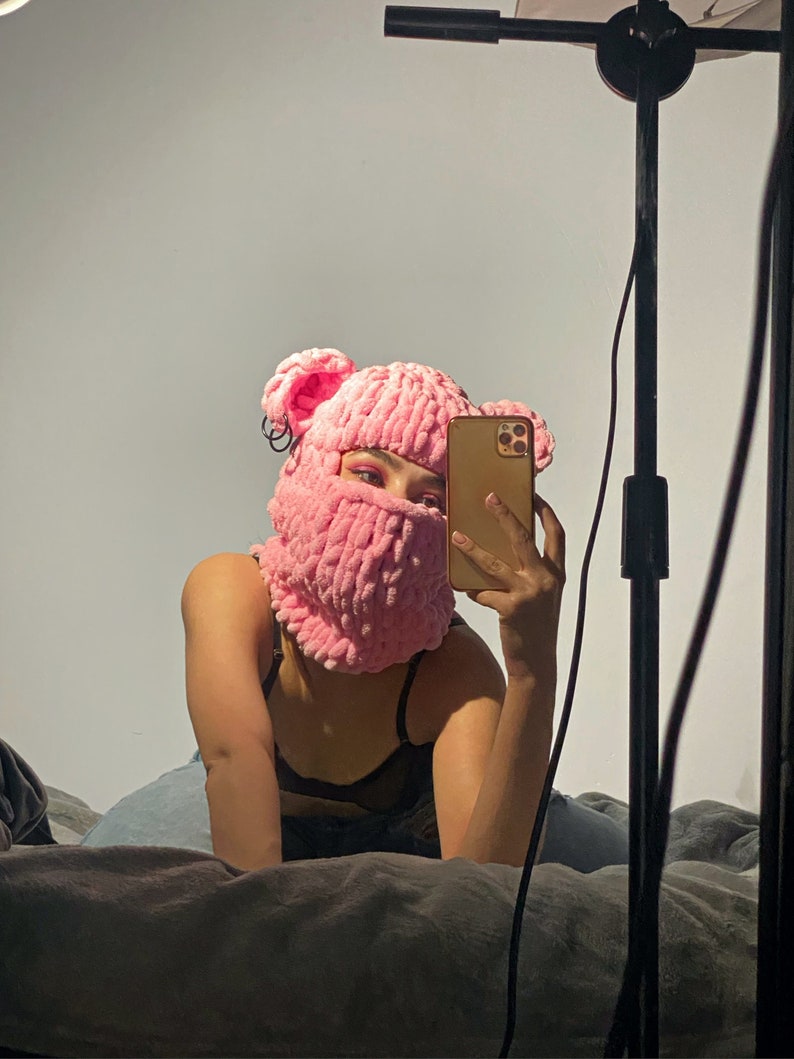 Pink Ski Mask With Ears Bear Balaclava Knitted Hat Ears - Etsy