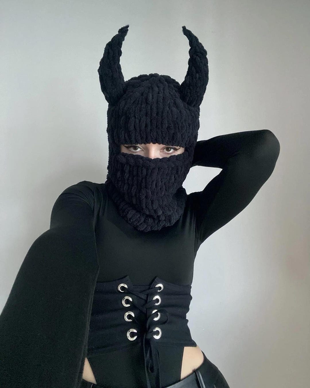 Devil Balaclava Ski Mask With Horns, Balaclava With Horns, Knitted ...