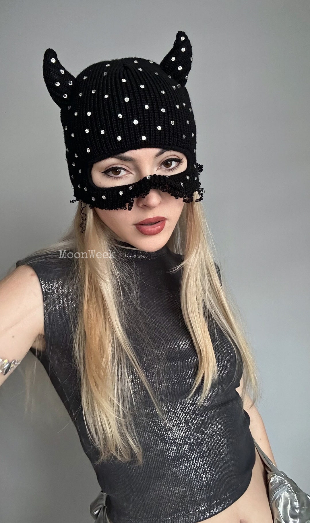 Devil Balaclava, Devil Beanie With Crystal, Devil Horn Beanie - Etsy