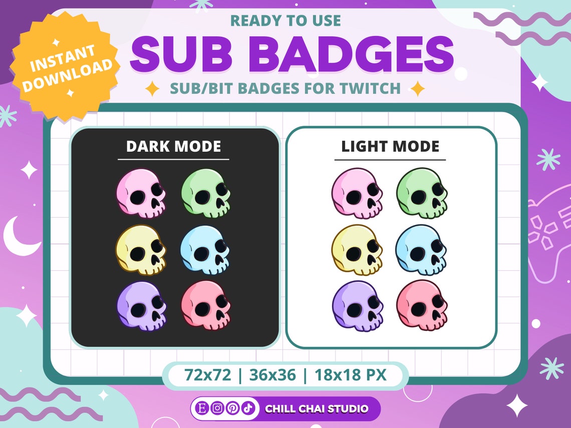 Spooky Cute Pastel Goth Skull Sub Badge Pack for Twitch Streamers and ...