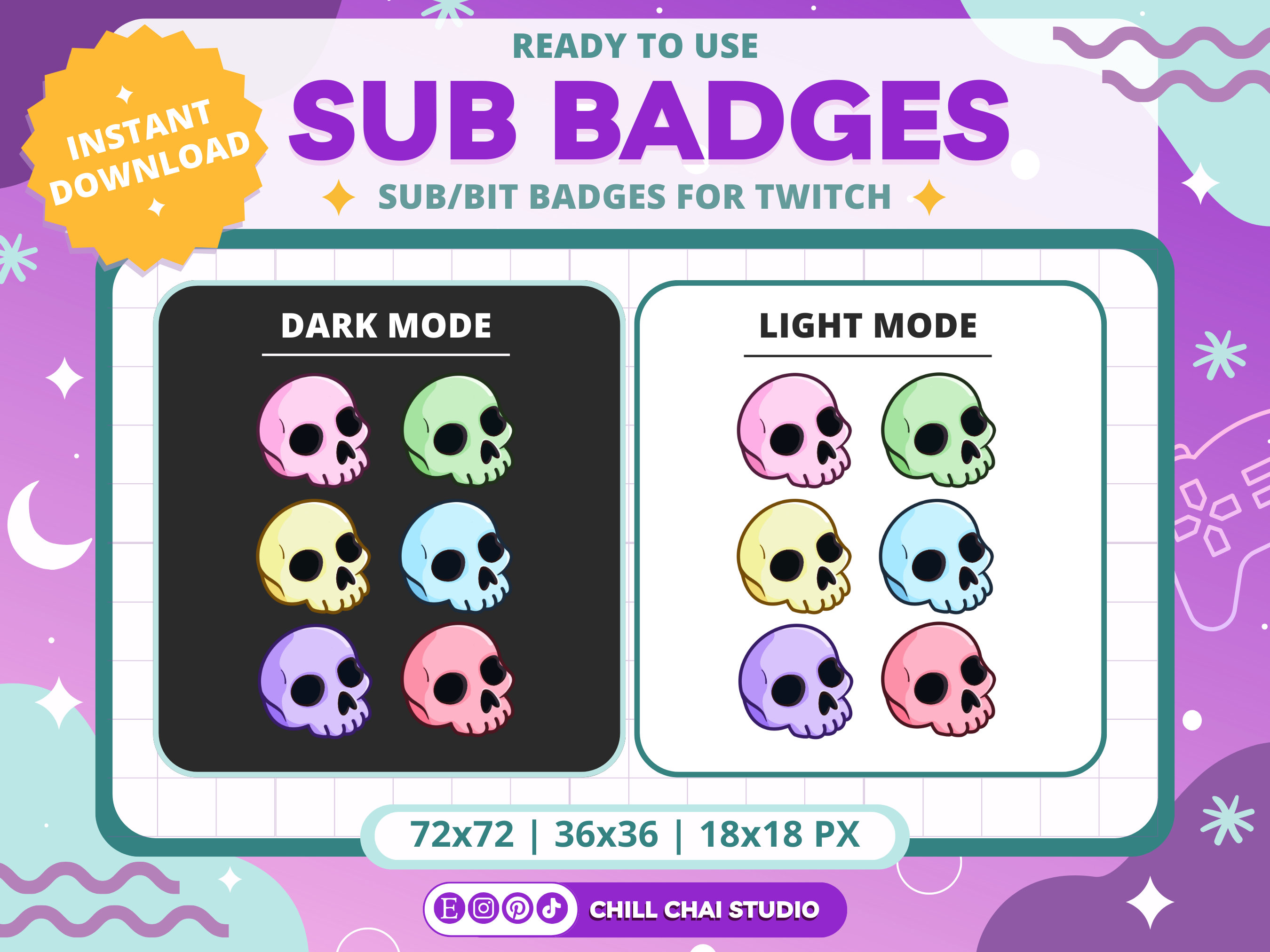 Spooky Cute Pastel Goth Skull Sub Badge Pack for Twitch Streamers and ...