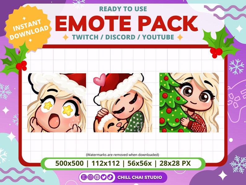 Twitch Christmas Emotes Pack of 8 Cute Chibi Girl Emotes With Blonde ...