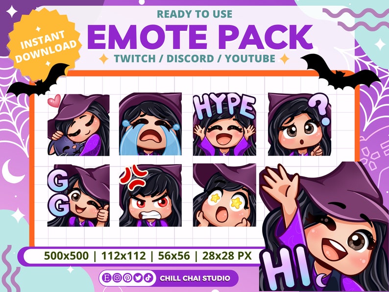 Ready to Use Twitch Emote Pack of Spooky Cute Witch With Black Hair ...