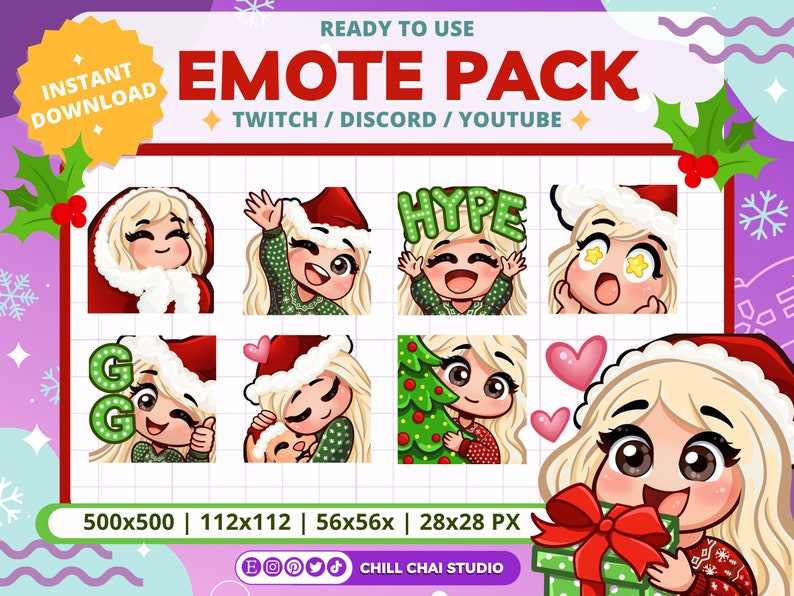 Twitch Christmas Emotes Pack of 8 Cute Chibi Girl Emotes With Blonde ...