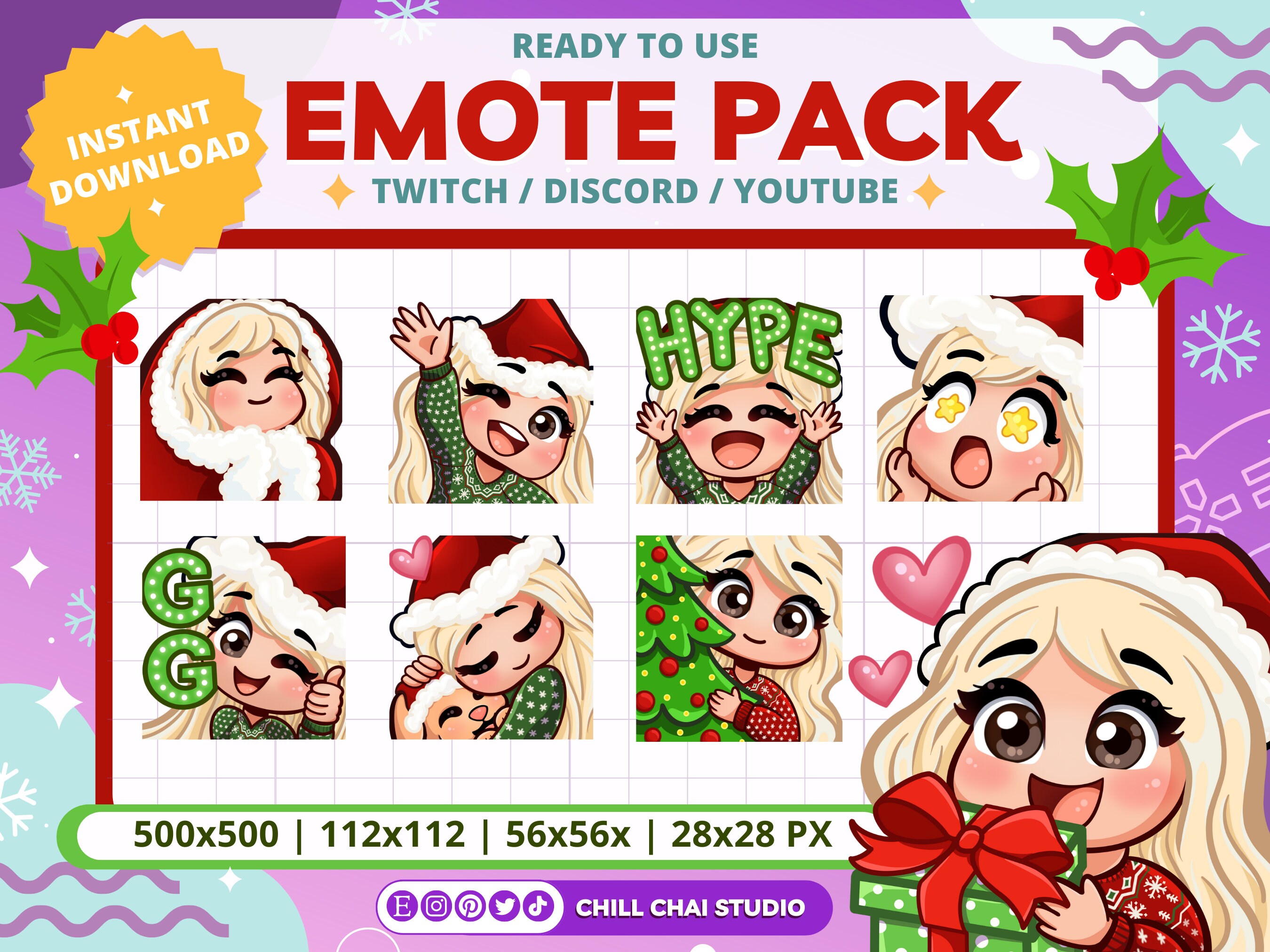 Twitch Christmas Emotes Pack of 8 Cute Chibi Girl Emotes With Blonde ...