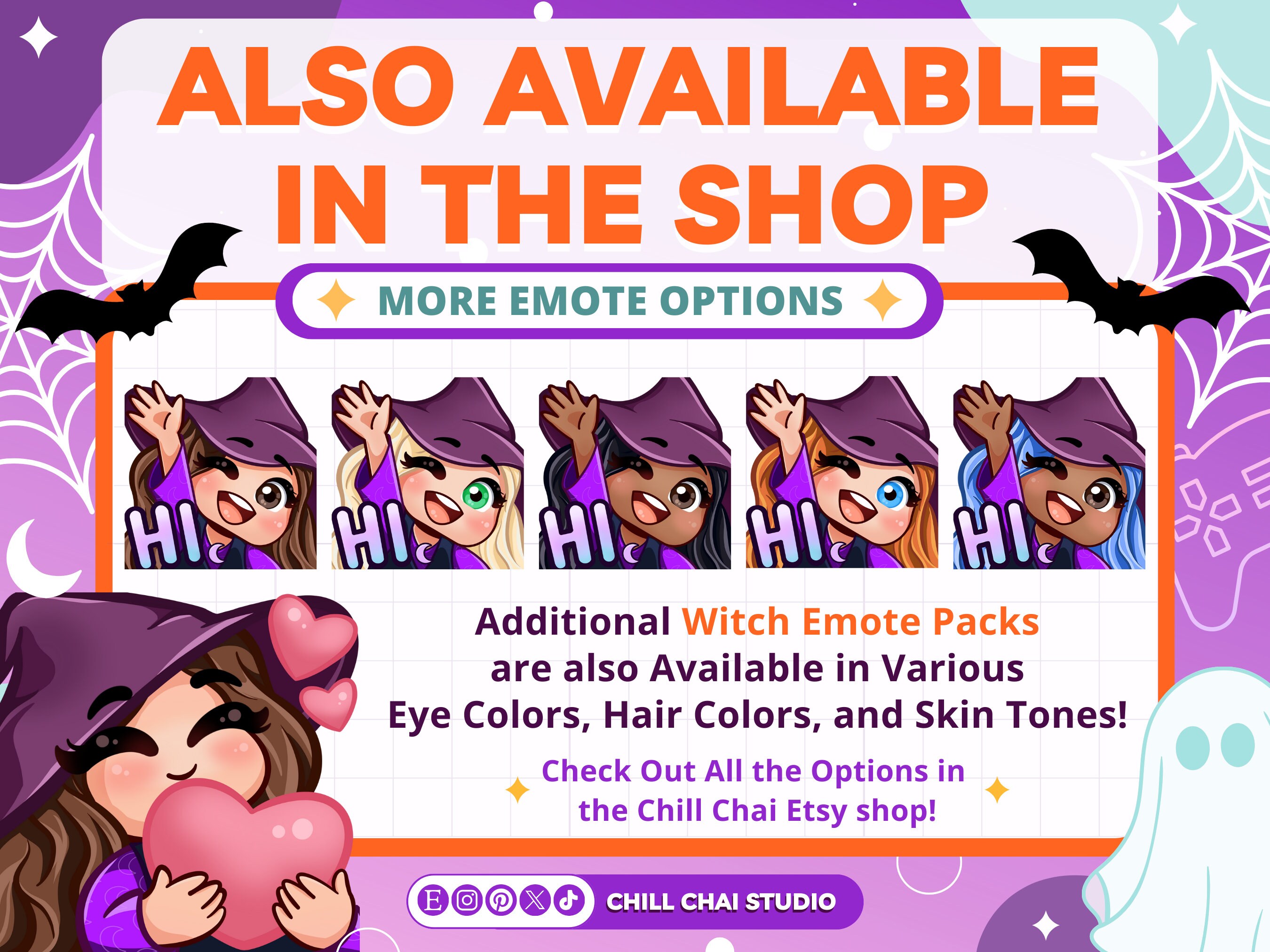 Halloween Chibi Witch Twitch Emotes: Brown Hair, Green Eyes (digital ...