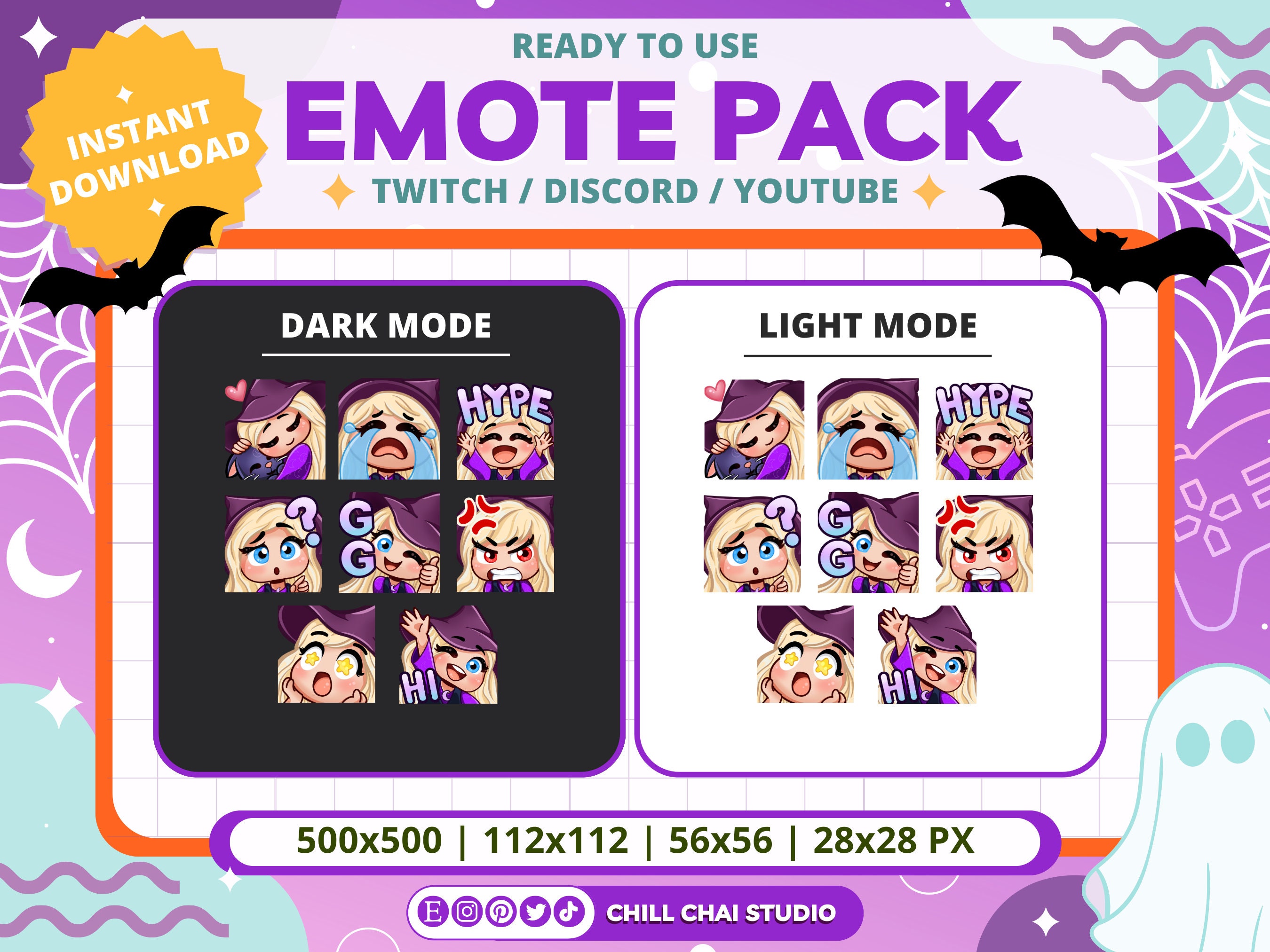 Ready to Use Twitch Emote Pack of Spooky Cute Witch With Blonde Hair ...