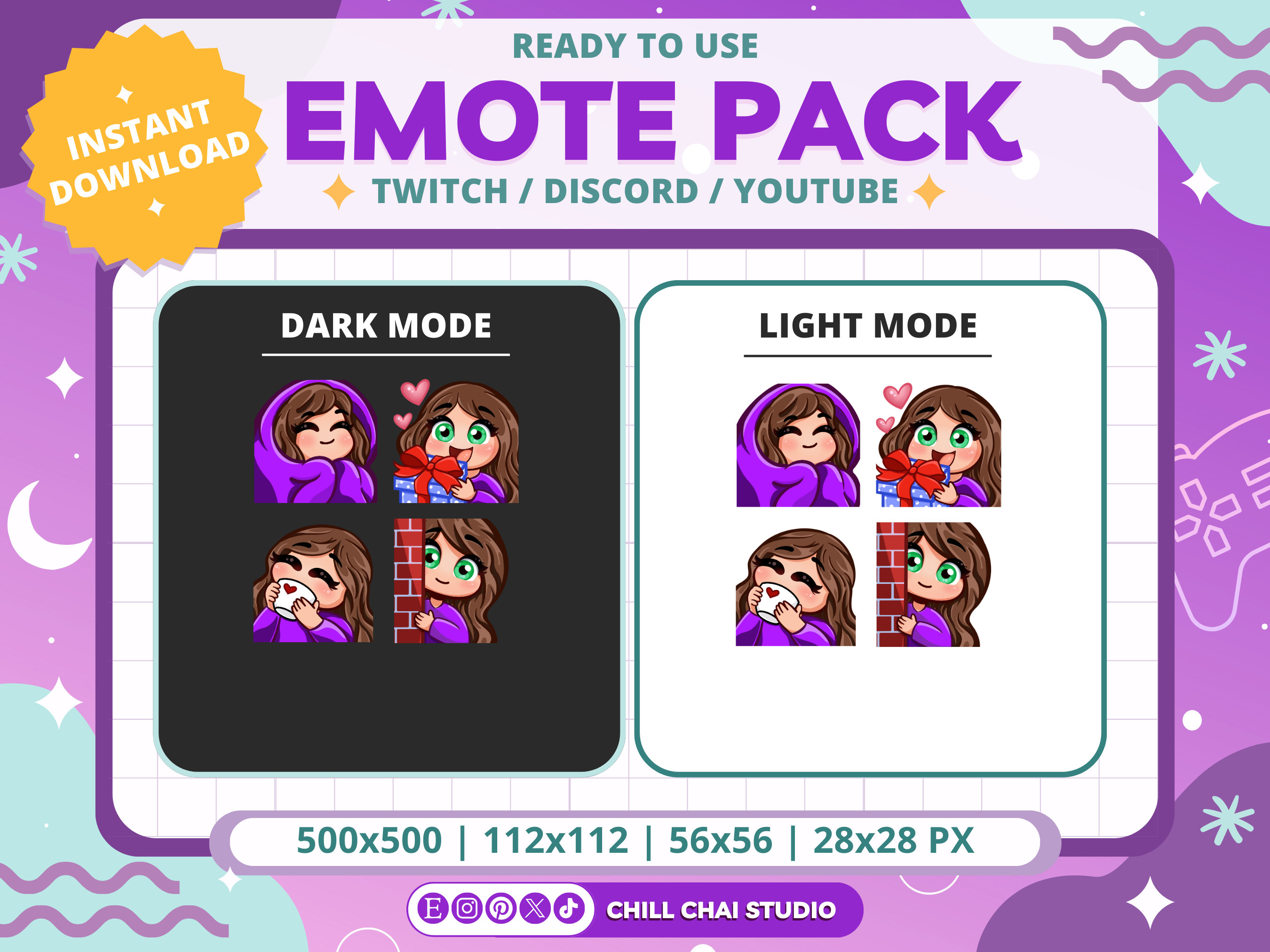 Mini Pack: Twitch Emotes Pack of 4 Cute Chibi Girl Emotes With Brown ...