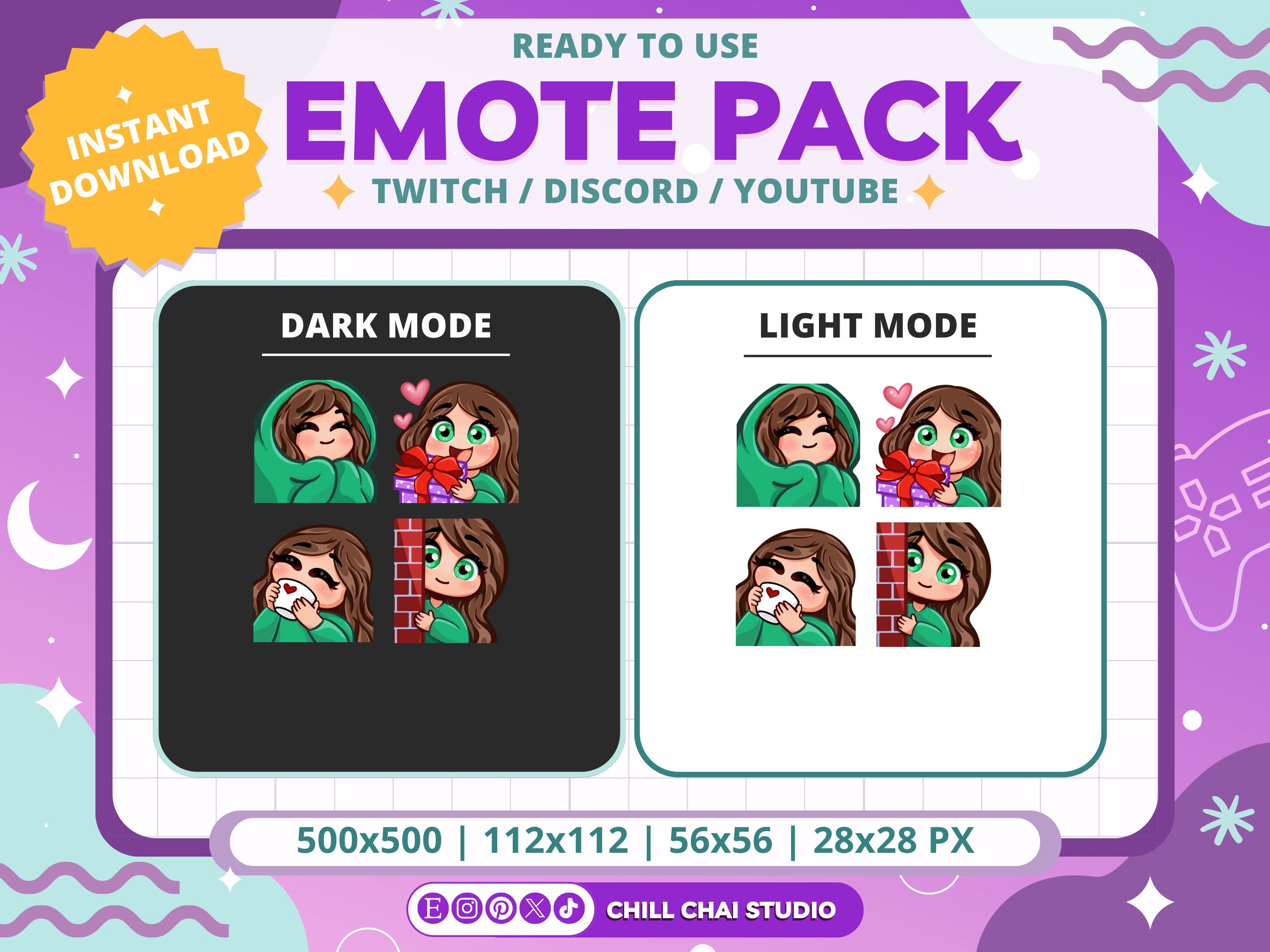 Mini Pack: Twitch Emotes Pack of 4 Cute Chibi Girl Emotes With Brown ...