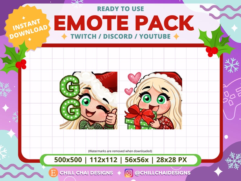Twitch Christmas Emotes Pack of 8 Cute Chibi Girl Emotes With - Etsy