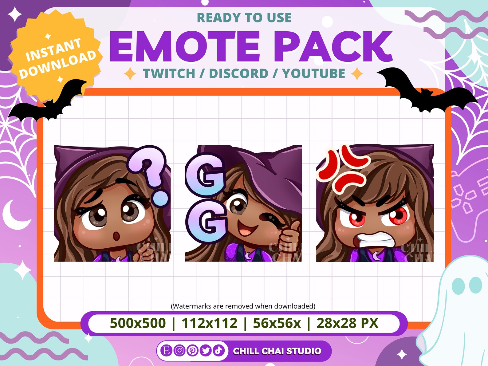 Ready to Use Twitch Emote Pack of Spooky Cute Witch With Brown - Etsy