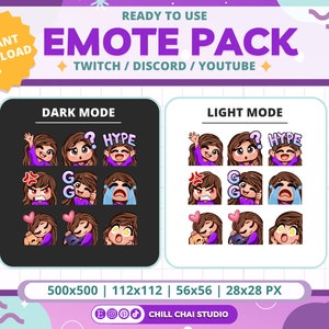 Twitch Emotes Pack of 9 Chibi Girl Emotes With Brown Hair, Brown Eyes ...