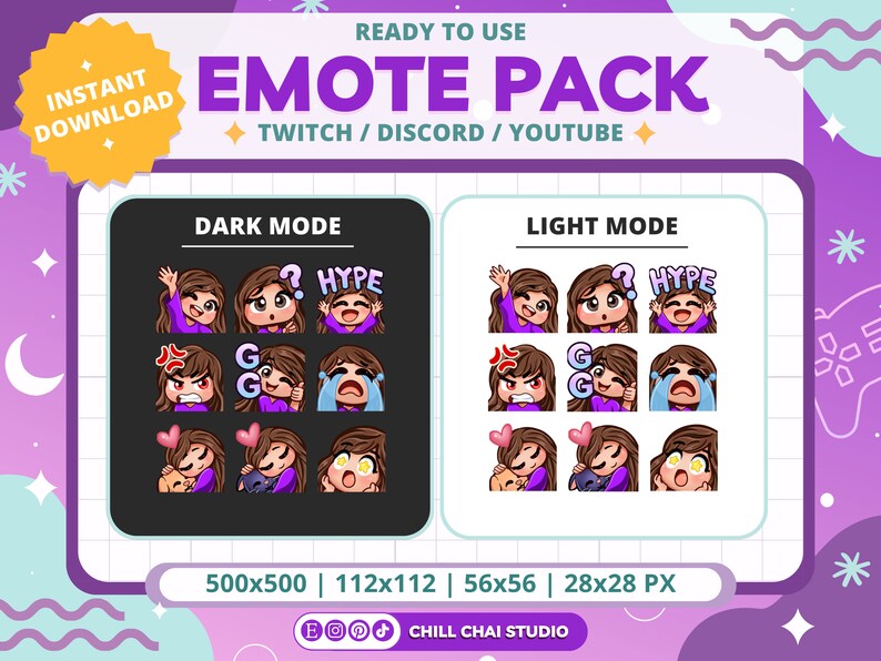Twitch Emotes Pack of 9 Chibi Girl Emotes With Brown Hair, Brown Eyes ...