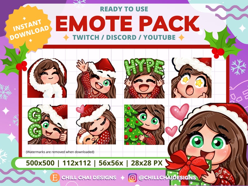 Twitch Christmas Emote Pack of 8 Cute Chibi Girl Emotes With - Etsy