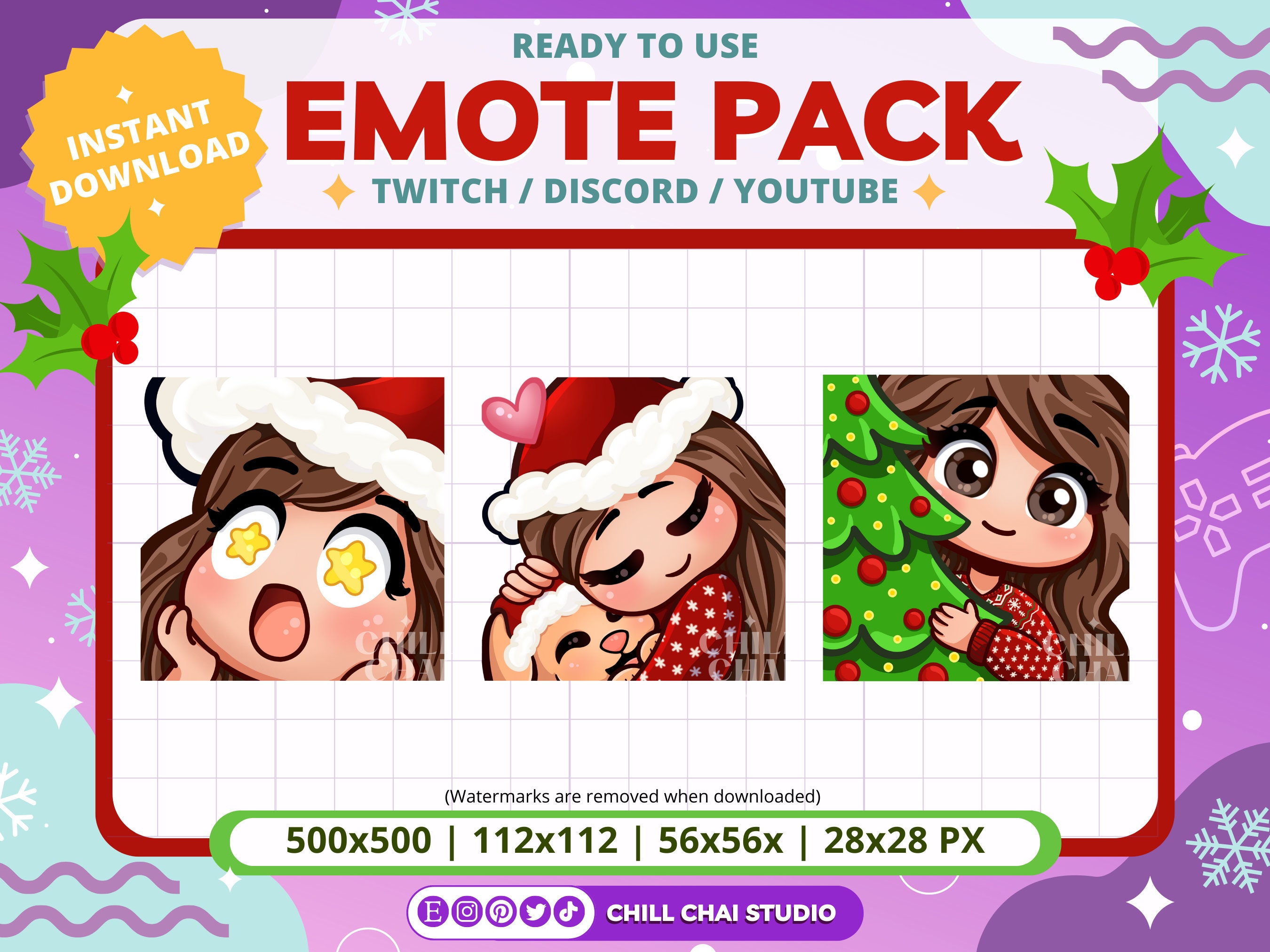 Twitch Christmas Emotes Pack of 8 Cute Chibi Girl Emotes With Brown ...