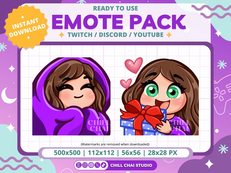 Mini Pack: Twitch Emotes Pack of 4 Cute Chibi Girl Emotes With Brown ...