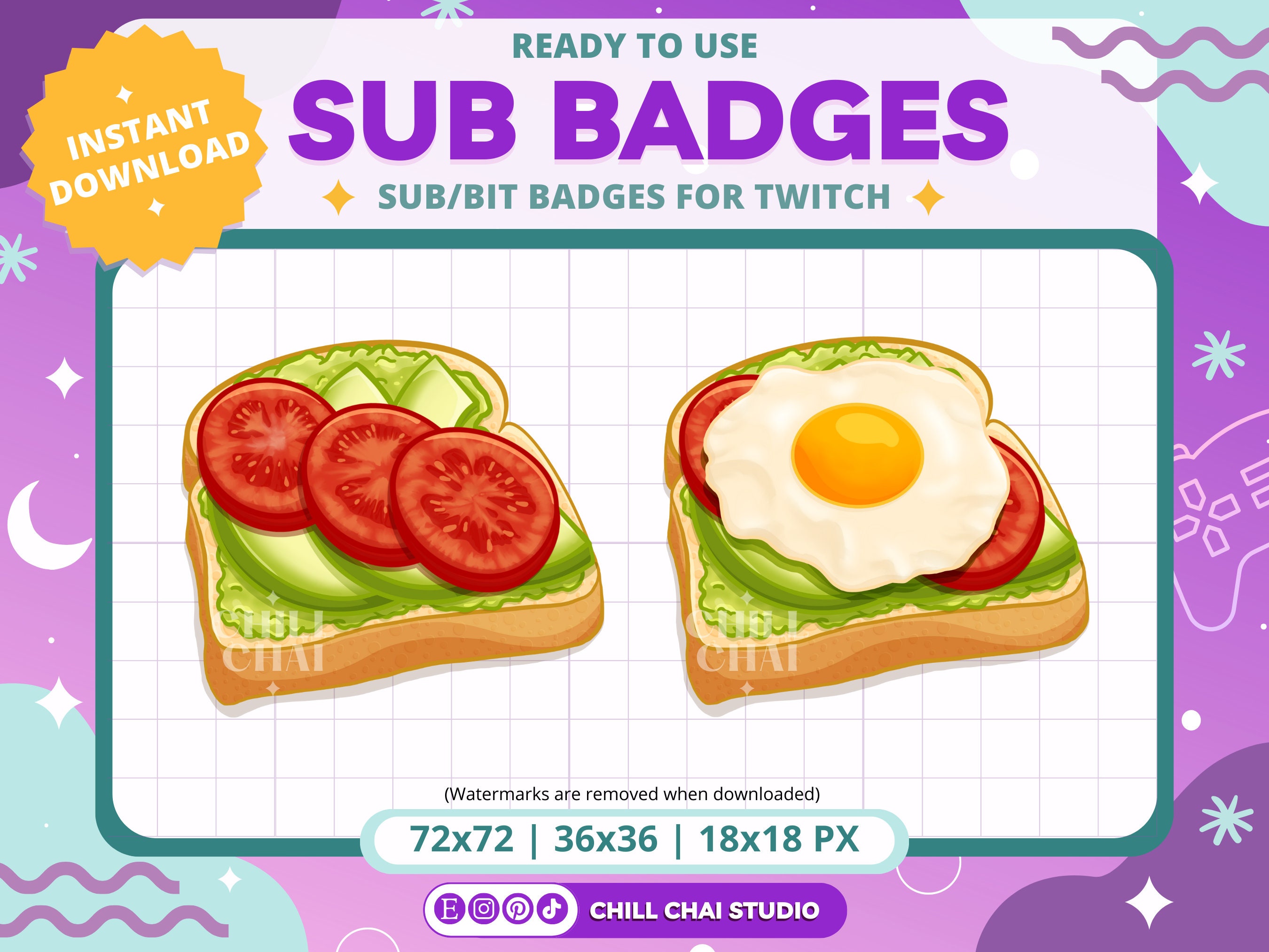AVOCADO TOAST Sub Badges Pack for Twitch and Youtube Streamers Instant Download PNG Files Cute ...