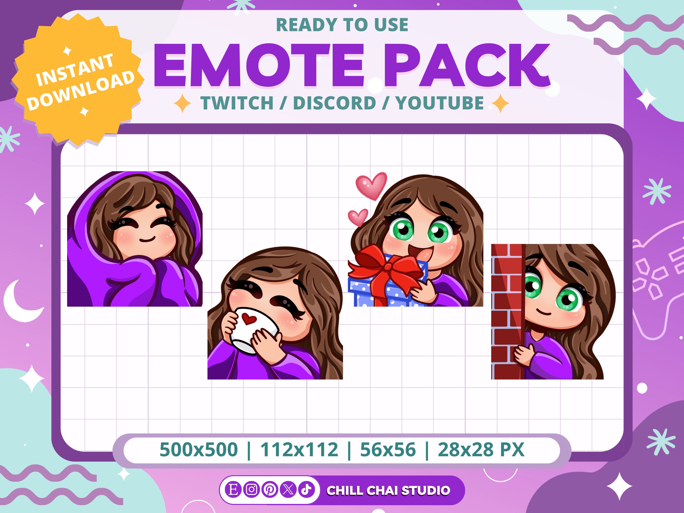 Mini Pack: Twitch Emotes Pack of 4 Cute Chibi Girl Emotes With Brown ...