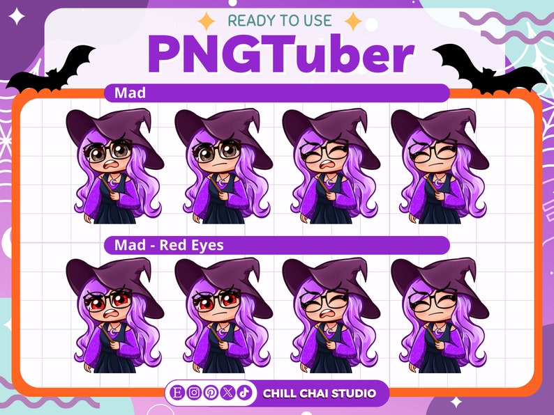 Witch Pngtuber Purple Hair and Glasses 2D Vtuber Model Assets for ...