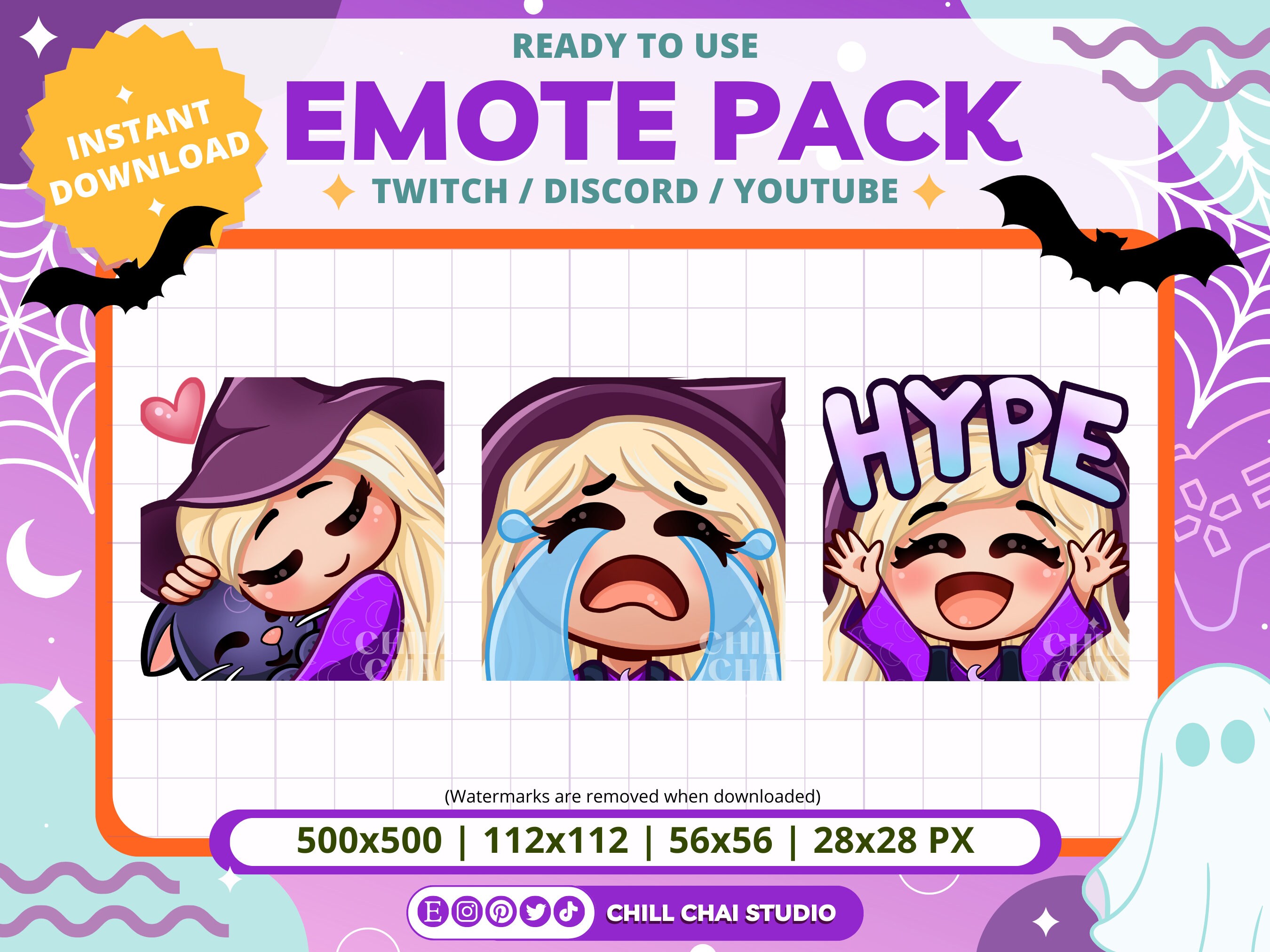 Ready to Use Twitch Emote Pack of Spooky Cute Witch With Blonde Hair ...