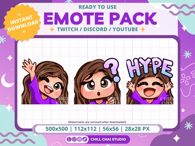 Twitch Emotes Pack of 9 Chibi Girl Emotes With Brown Hair, Brown Eyes ...