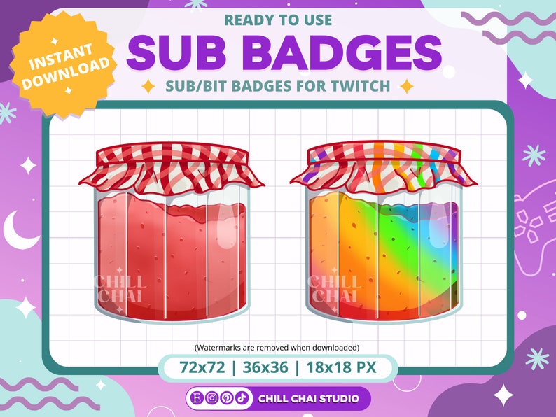 Rainbow Fruit Jam Kawaii Sub Badge Pack for Twitch Streamers Channel ...