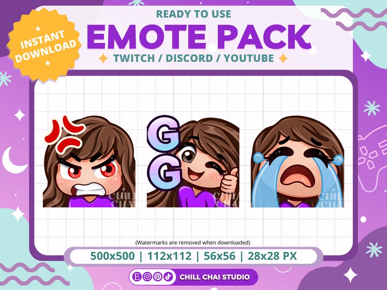 Twitch Emotes Pack of 9 Chibi Girl Emotes With Brown Hair, Brown Eyes ...