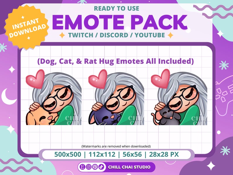 Twitch Emotes Pack of 10 Cute Chibi Girl Emotes With Glasses, Silver ...