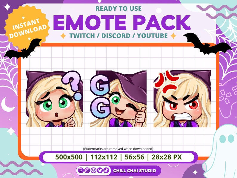 Halloween Twitch Emote Pack of Spooky Cute Witches With Blonde Hair ...