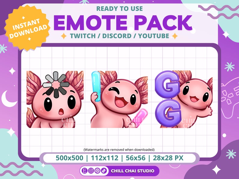 Axolotl Twitch Emote Pack of 15 Chibi Emotes Kawaii Streamer Emotes ...