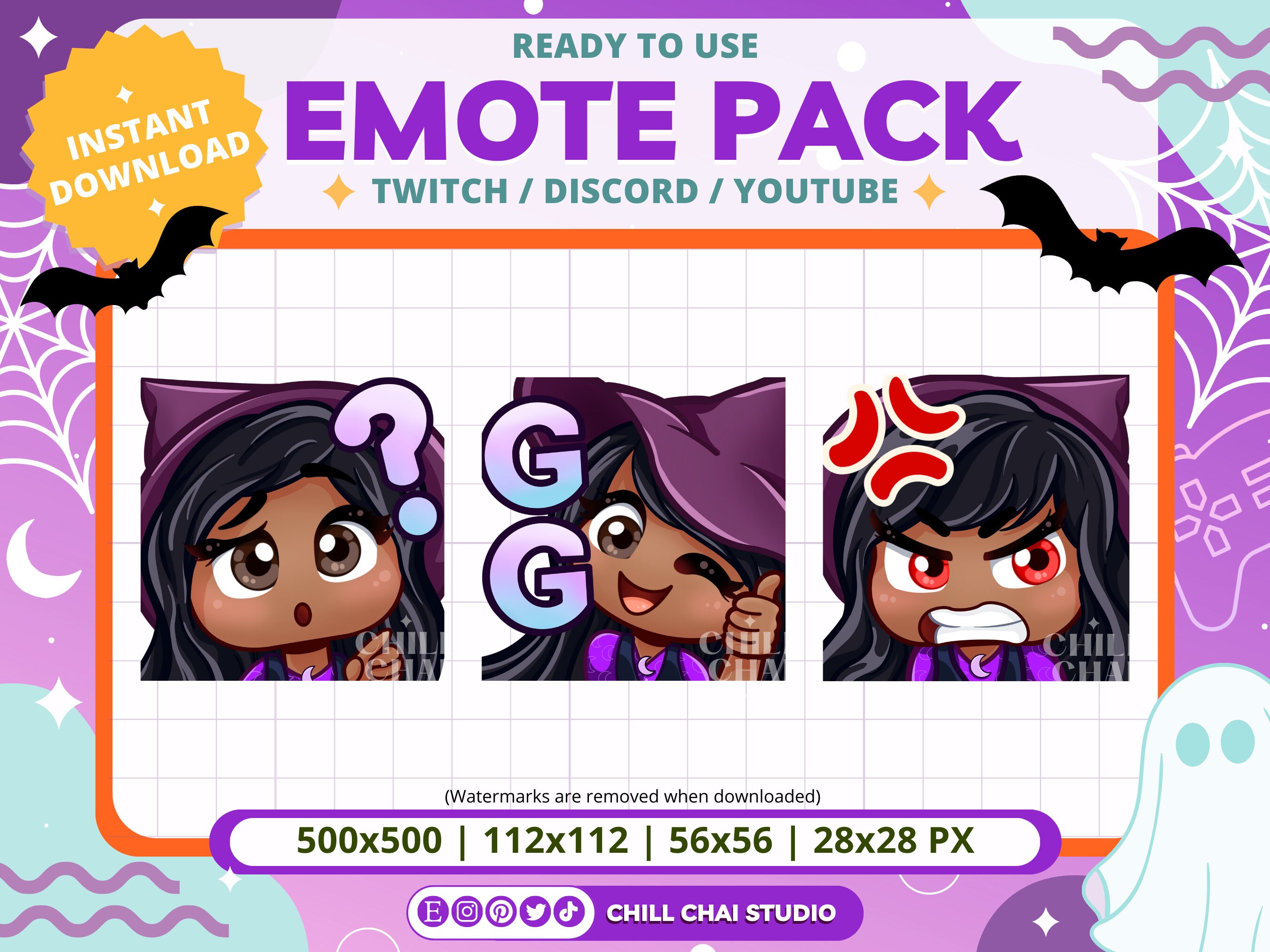 Twitch Halloween Emote Pack of Spooky Cute Chibi Witches With Black ...