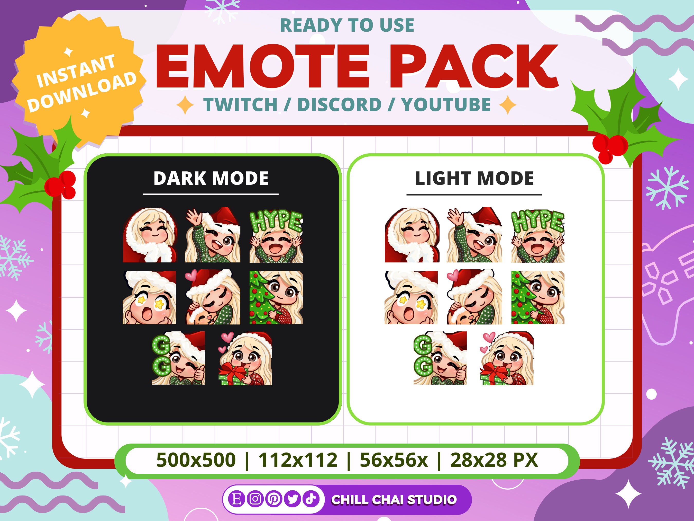 Twitch Christmas Emotes Pack of 8 Cute Chibi Girl Emotes With Blonde ...