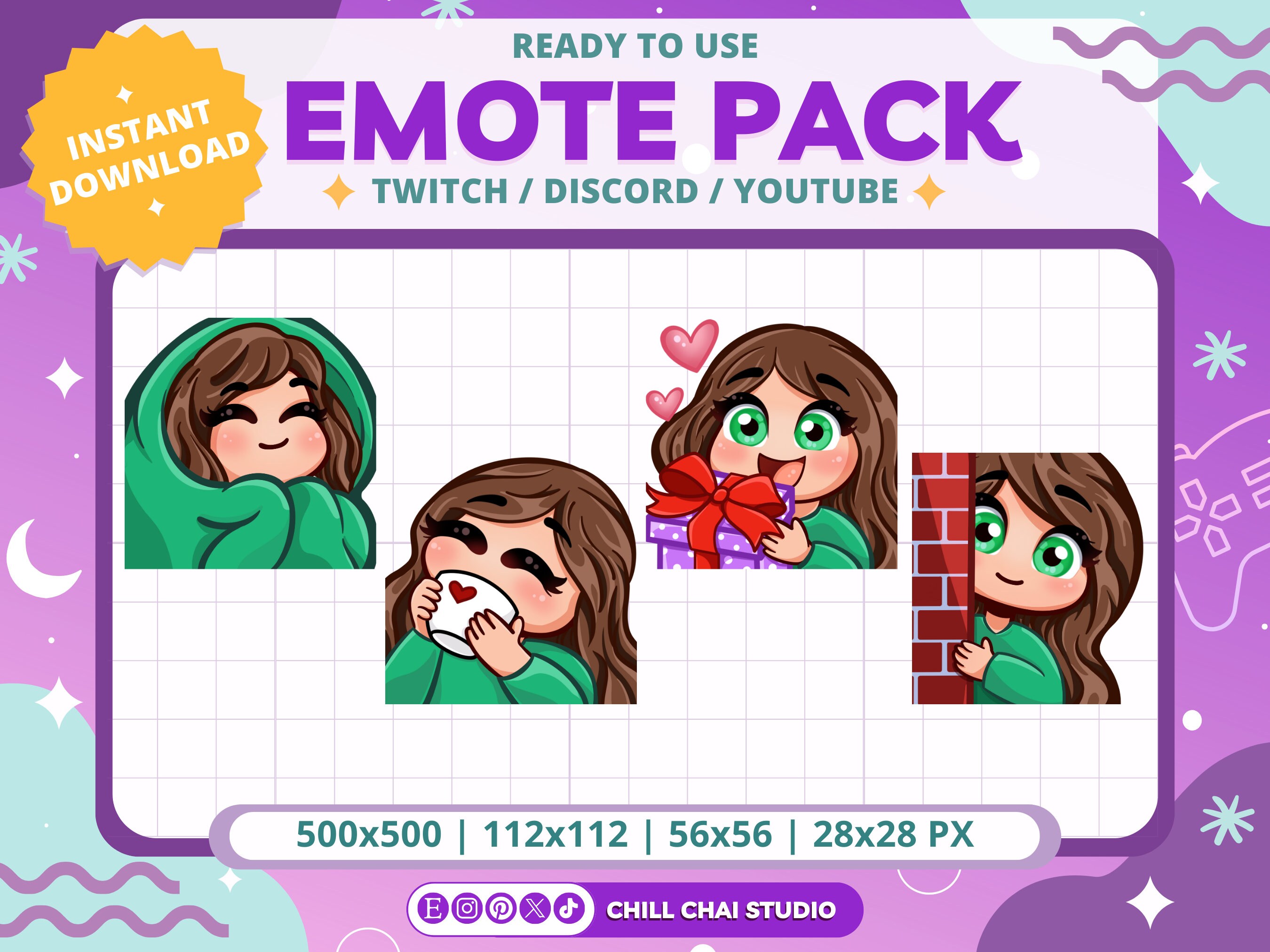 Mini Pack: Twitch Emotes Pack of 4 Cute Chibi Girl Emotes With Brown ...