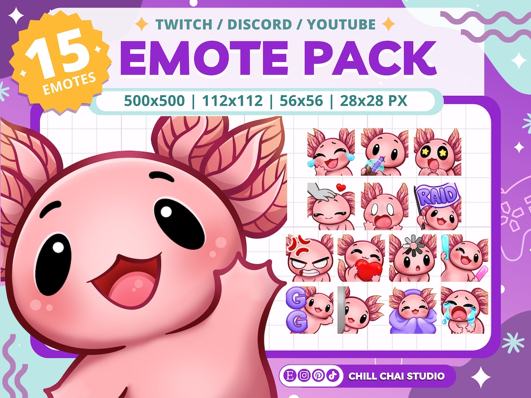 Axolotl Twitch Emote Pack of 15 Chibi Emotes | Kawaii Streamer Emotes ...