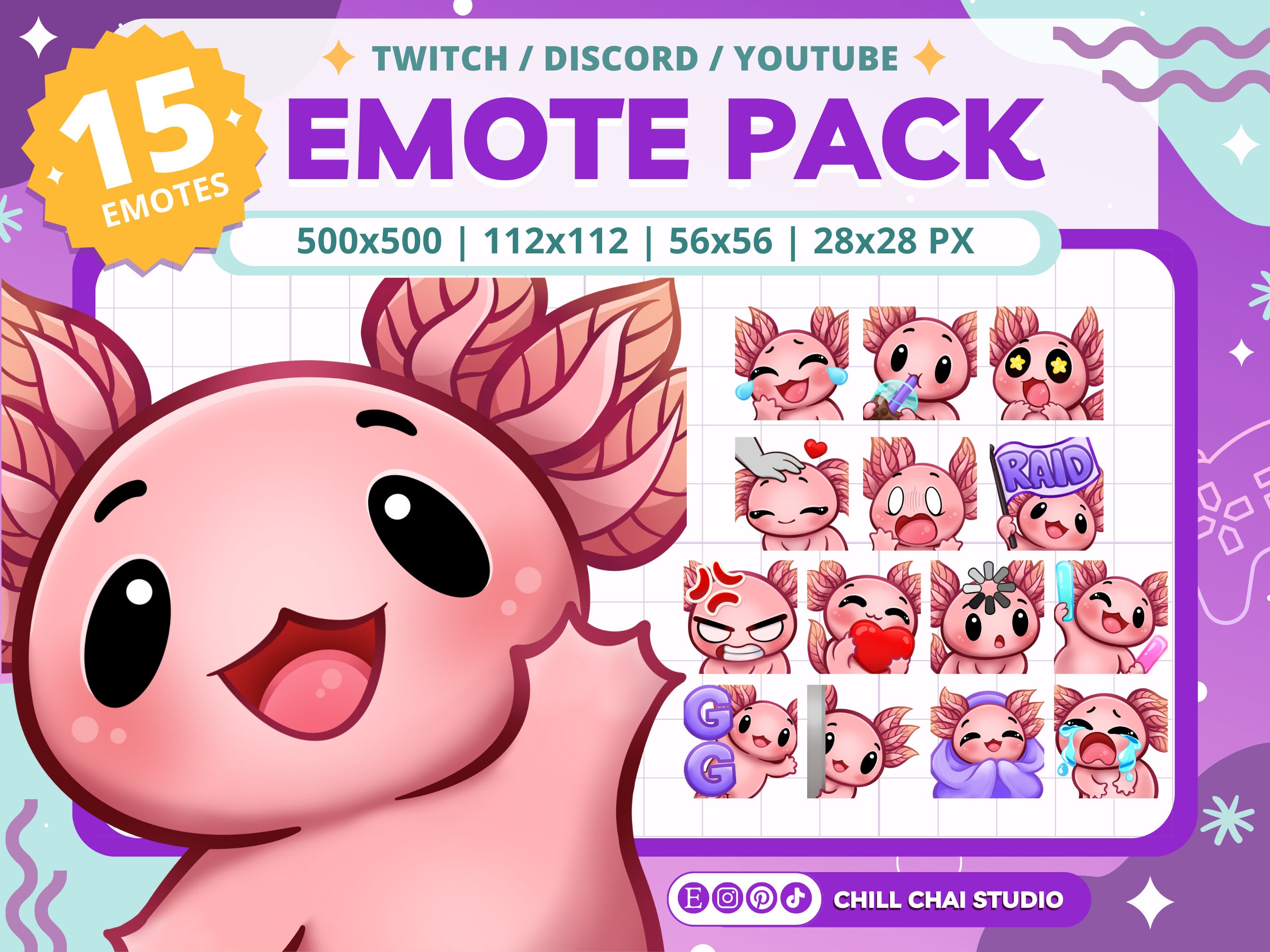 Axolotl Twitch Emote Pack of 15 Chibi Emotes | Kawaii Streamer Emotes ...