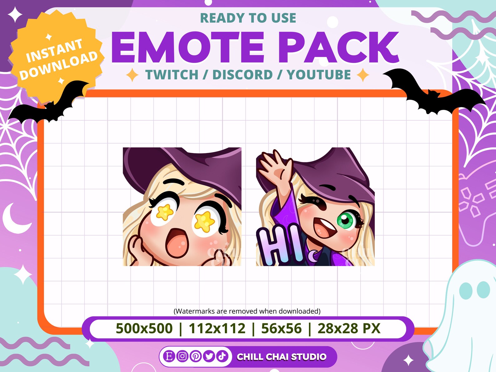 Halloween Twitch Emote Pack of Spooky Cute Witches With Blonde Hair ...