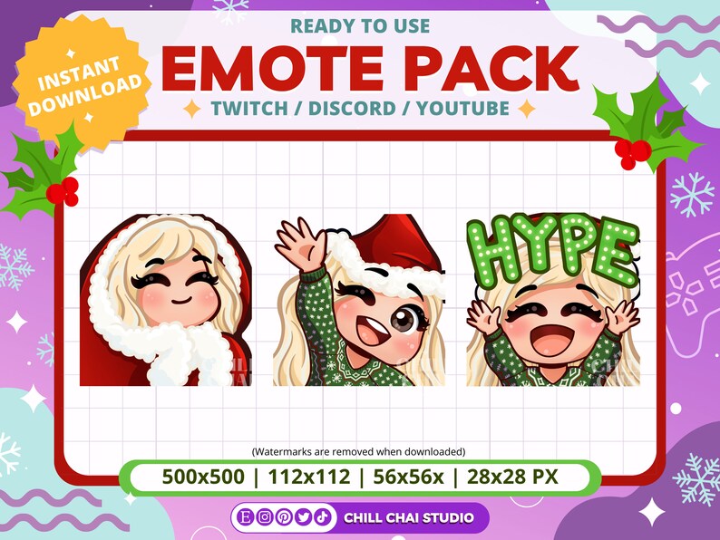Twitch Christmas Emotes Pack of 8 Cute Chibi Girl Emotes With Blonde ...