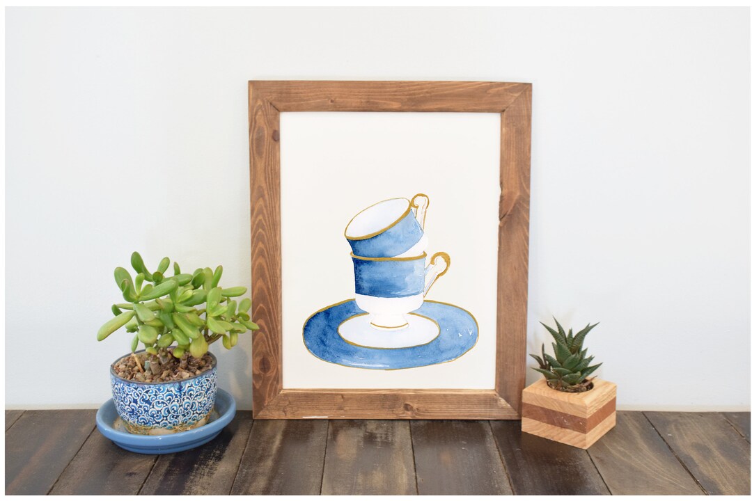 Watercolor Blue Tea Cups Digital Art Print - Etsy