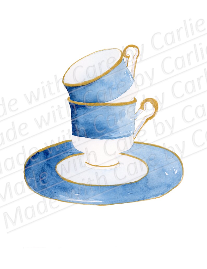 Watercolor Blue Tea Cups Digital Art Print - Etsy