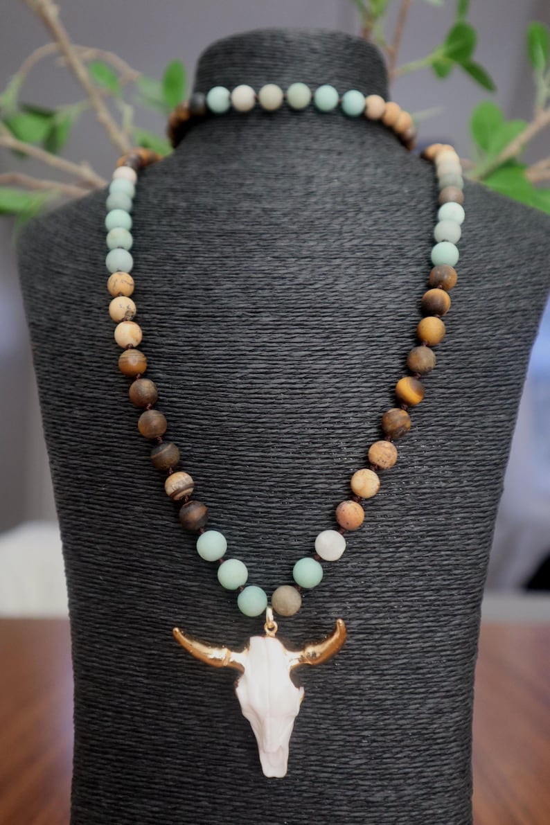 18K Gold Longhorn Skull Necklace Western Statement Beaded Necklace Hand ...