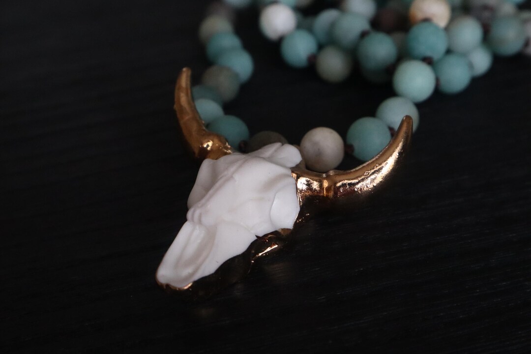 18K Gold Longhorn Skull Necklace – Blue Amazonite Beaded Necklace ...