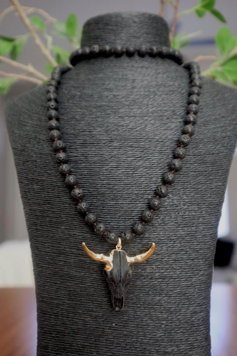 18K Gold Longhorn Skull Necklace Western Statement Beaded Necklace Hand ...