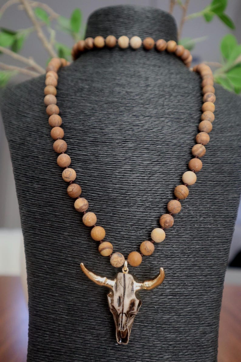 18K Gold Longhorn Skull Necklace Western Statement Beaded Necklace Hand ...