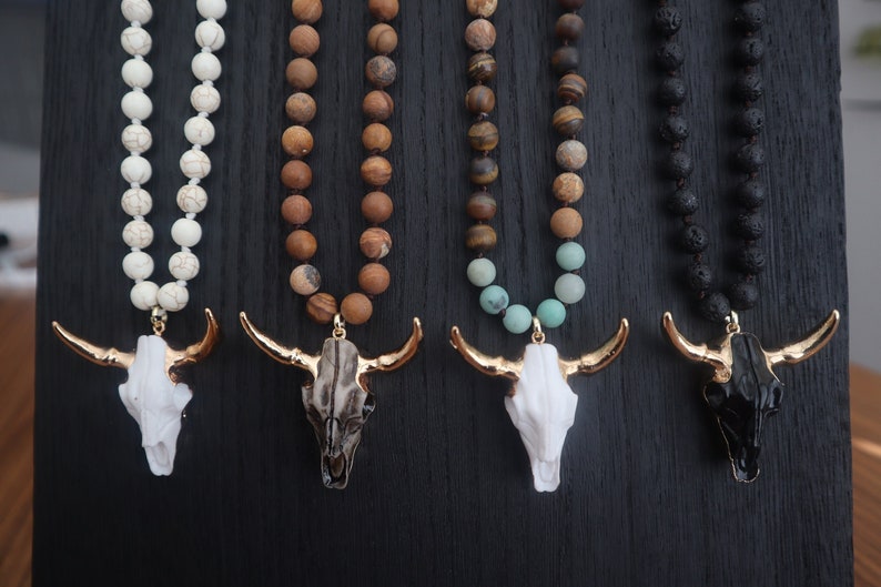 18K Gold Longhorn Skull Necklace Western Statement Beaded Necklace Hand ...