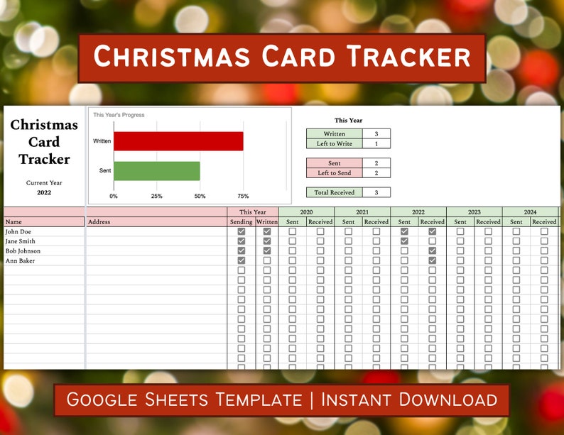 Christmas Card Tracking Spreadsheet for Google Sheets - Christmas Card ...