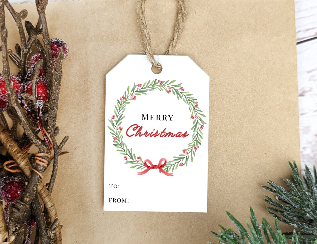 Printable Christmas Gift Tag - Wreath Gift Tag, 2x3 Gift Tag, Merry ...