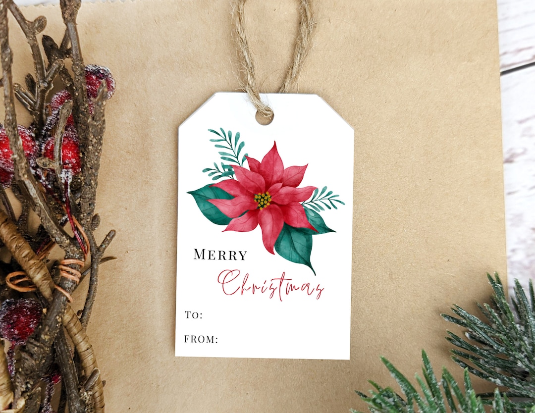 Printable Christmas Gift Tag Poinsettia Gift Tag, 2x3 Gift Tag, Merry ...