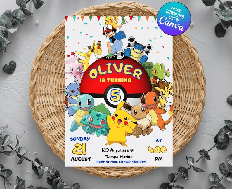 Pokemon Editable Birthday Invitation | Pikachu Card Birthday | Kids ...