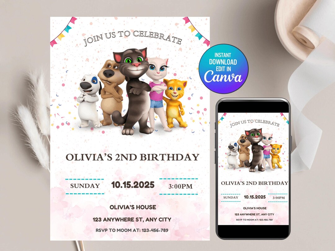Talking Tom Birthday Invitation | Tom and Friends Birthday Invitation ...
